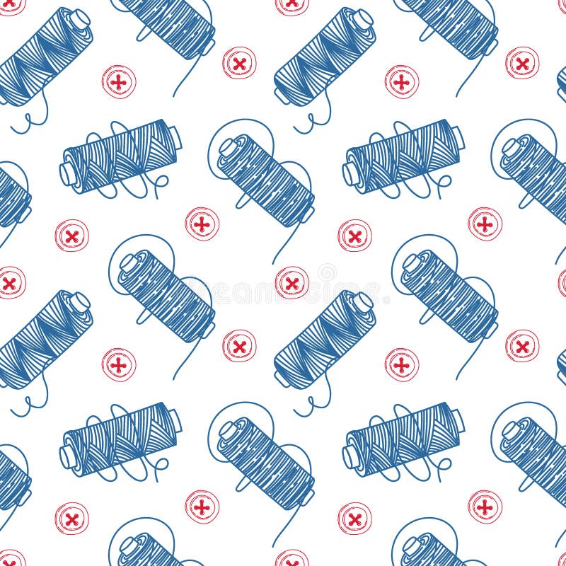 Seamless Pattern Of Thread Spools And Buttons Hand Drawn Doodles In