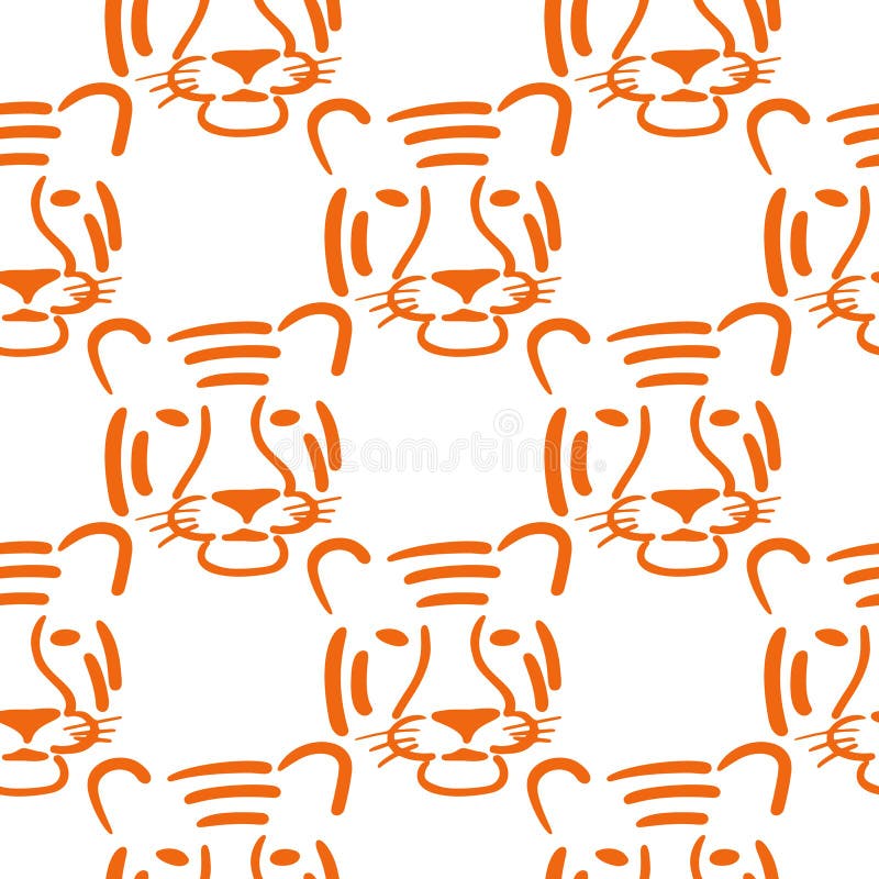 Seamless Pattern with Tiger Head Illustration in Outline Style on White ...