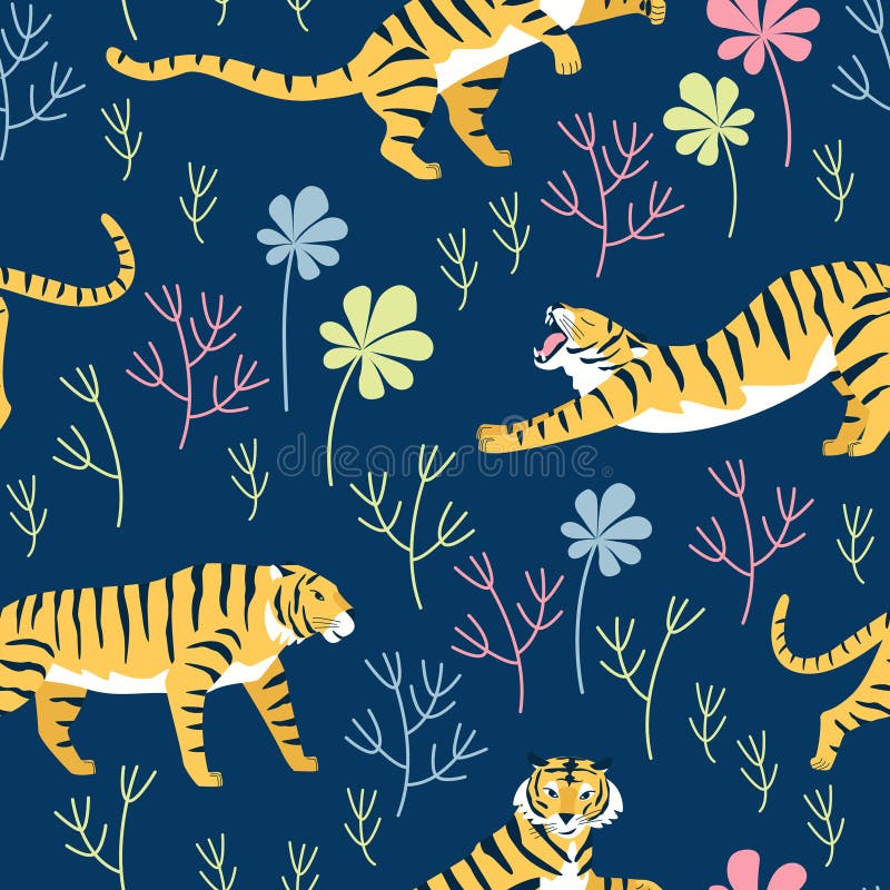 Seamless Pattern with Tiger Poses. Striped Tiger on a Background of ...