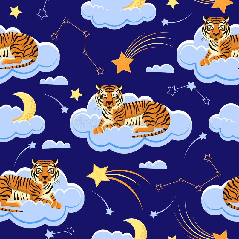 Seamless Pattern Tiger Resting on a Cloud, Night Sky with Stars, Comets ...