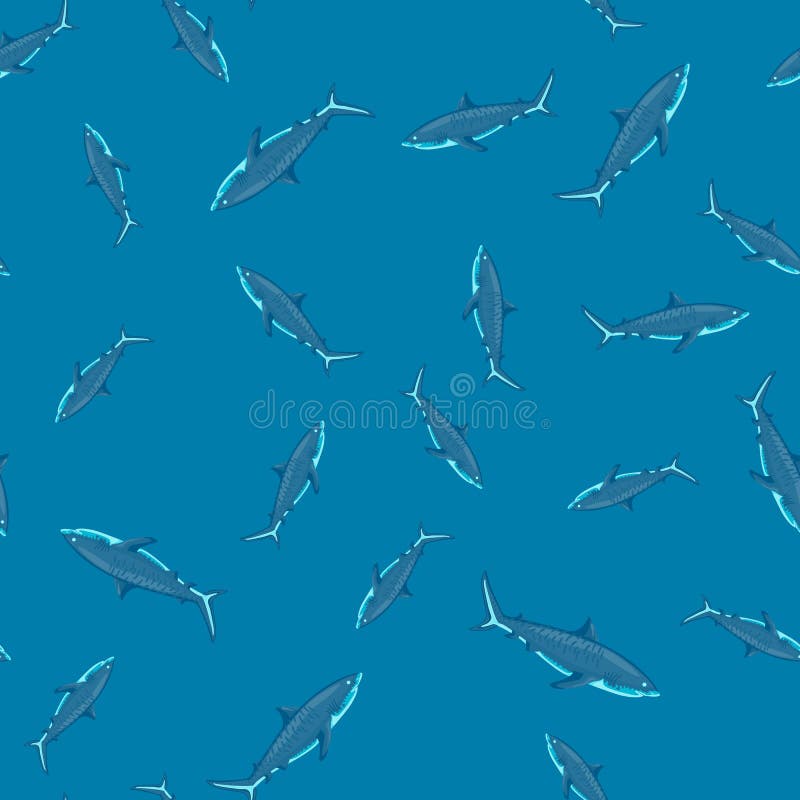 Seamless Pattern Tiger Shark Blue Background. Texture of Marine Fish ...