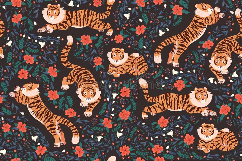 Seamless Pattern with Tigers and Flowers. Vector Graphics Stock ...