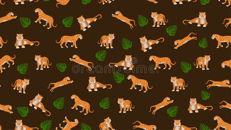 Seamless Pattern with Tigers and Green Leaves on a Brown Background ...