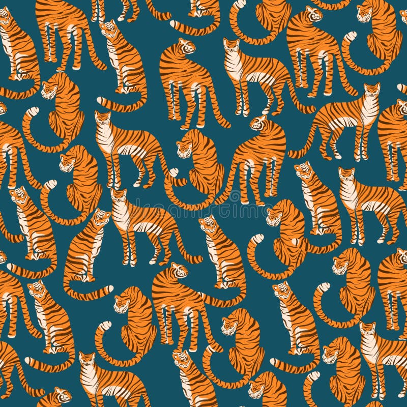 Seamless Pattern with Tigers. Orange Predators Drawn with Wax Crayons ...