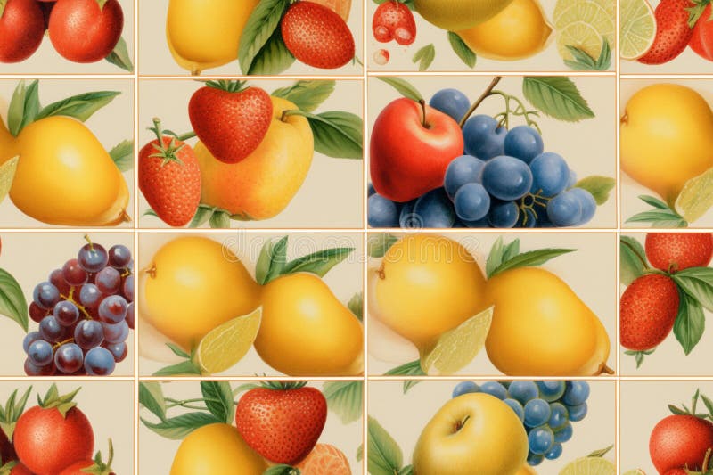 Seamless Pattern of Tile Fruit Illustrations in Style Batachitra ...
