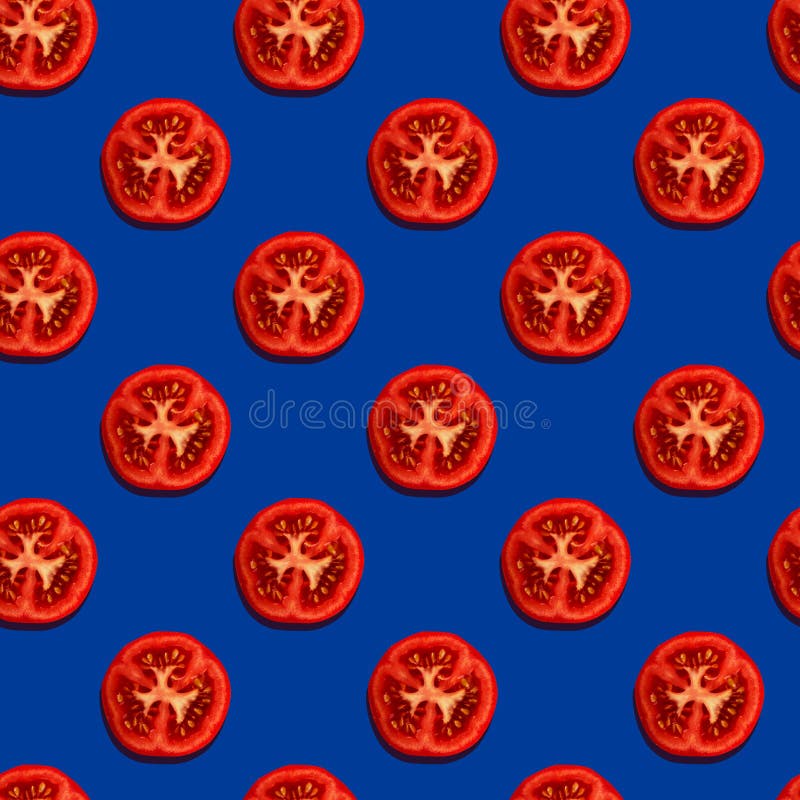 Seamless Pattern with Tomato Slices on a Blue Background. Modern Style ...