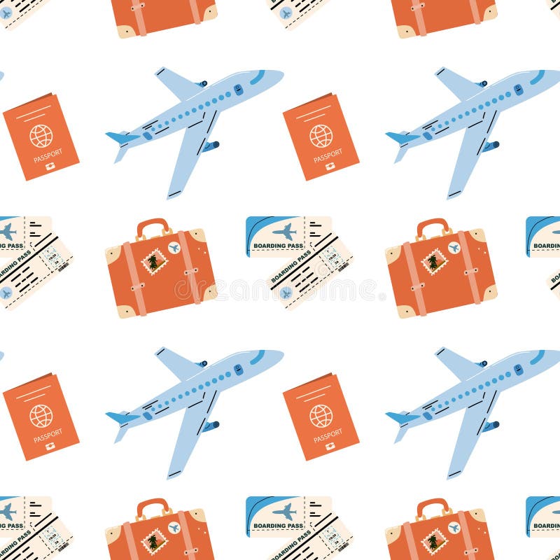 Seamless Pattern with Touristic Items Luggage, Tickets and Plane Stock ...