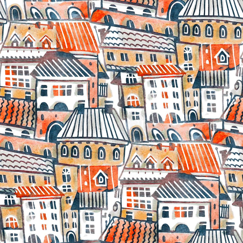 Seamless Pattern with a Town Stock Illustration - Illustration of tile ...