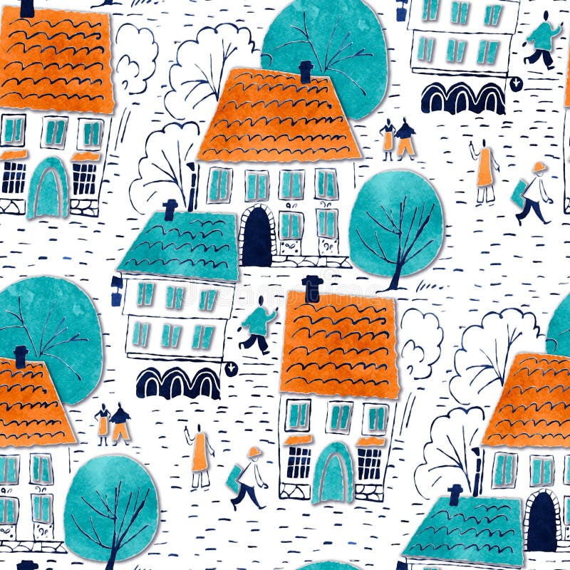 Seamless Pattern with a Town Stock Illustration - Illustration of urban ...