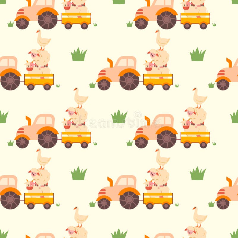 Seamless Pattern with Tractor with Trailer and Cute Animals Stock ...