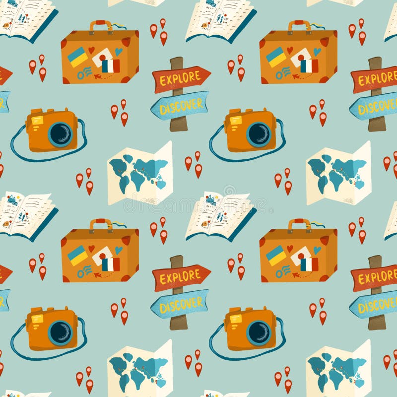 Seamless Pattern of Travel and Adventure Elements Stock Illustration ...