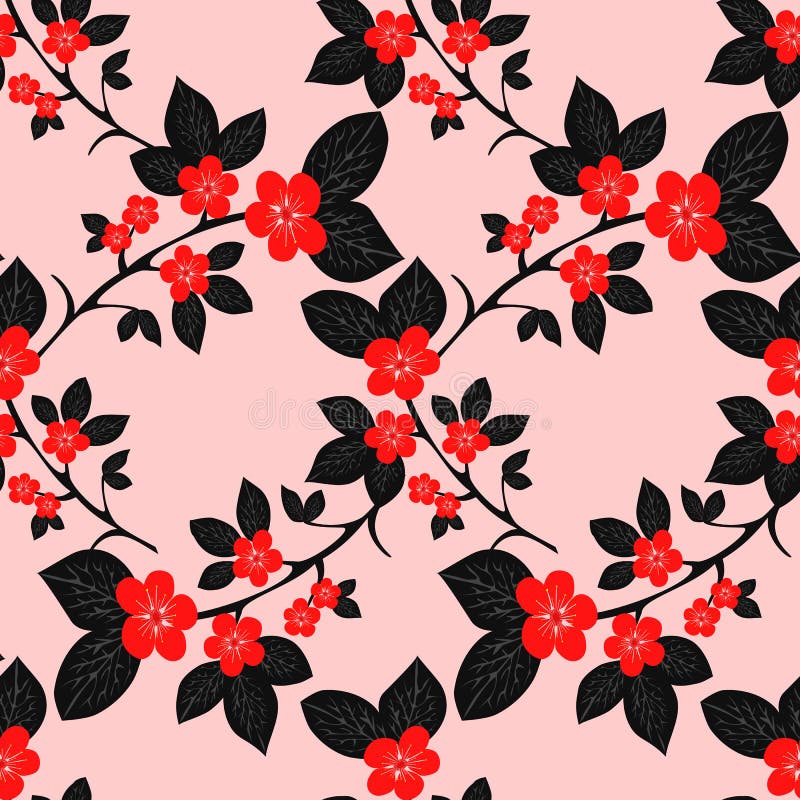 Seamless Pattern with Tree Branches, Black Leaves and Red Flowers on a ...