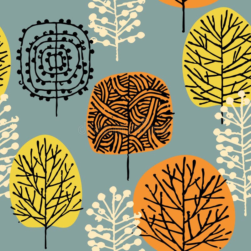 Seamless Pattern with Trees. Drawing of Autumn Forest by Hand. Stock ...