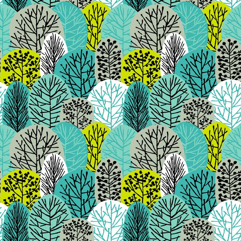 Seamless Pattern with Trees. Drawing of Summer Forest by Hand. Stock ...
