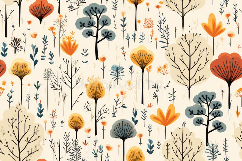 Seamless Pattern with Trees and Leaves on a Beige Background Stock ...