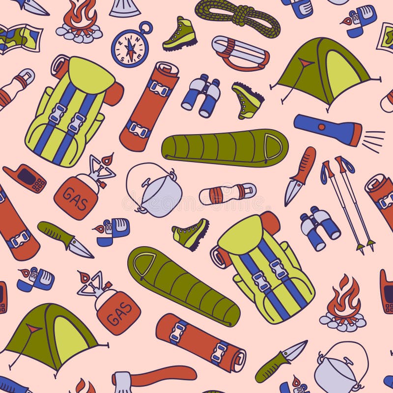Seamless Pattern with Trekking Equipment Stock Vector - Illustration of ...