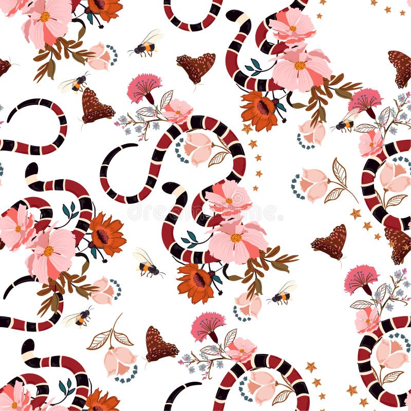 Seamless Pattern Trendy Snake with Flowers Graphic Design Vector Stock ...