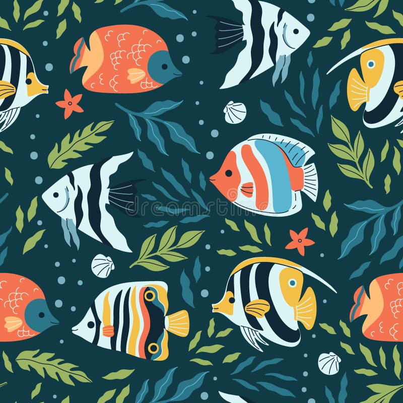 Seamless Pattern with Tropical Fish and Algae. Vector Graphics Stock ...