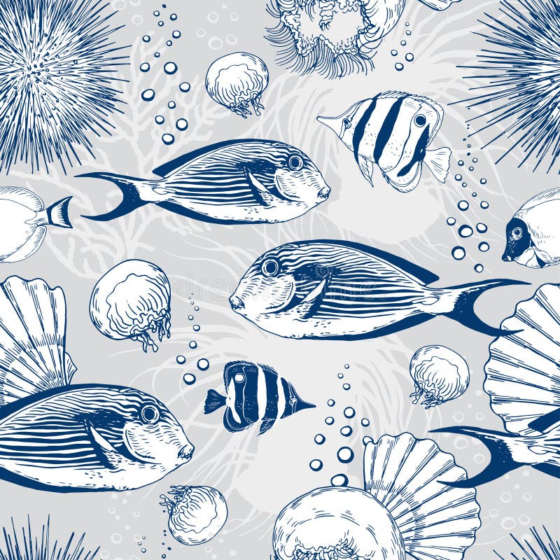 Seamless Pattern with Tropical Fish and Shells. Stock Vector ...