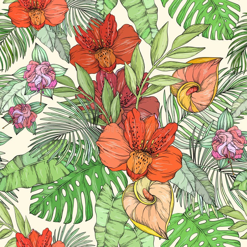 Seamless Pattern with Tropical Flowers Stock Vector - Illustration of ...