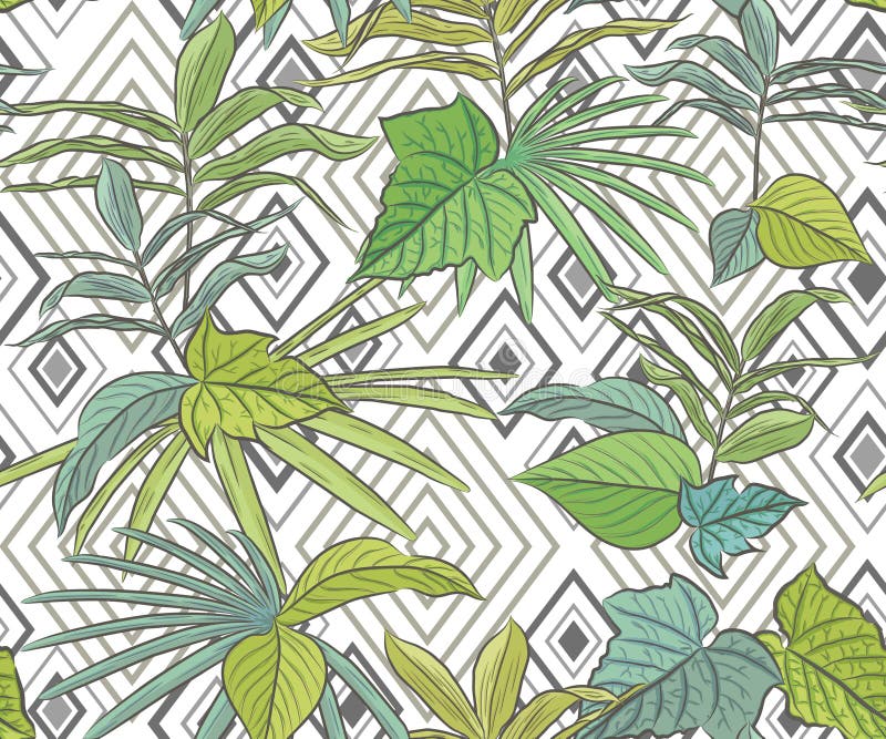 Seamless Pattern of Tropical Leaves on Geometric Background Stock ...