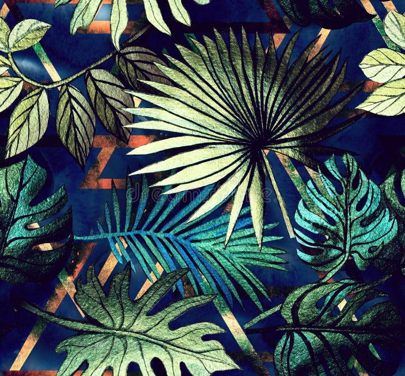 Seamless Pattern with Tropical Leaves and .geometric Shapes. Tropical ...
