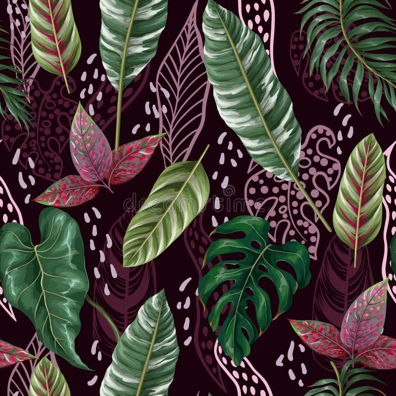 Seamless Pattern with Tropical Leaves and Graphic Leaf. Vector. Stock ...