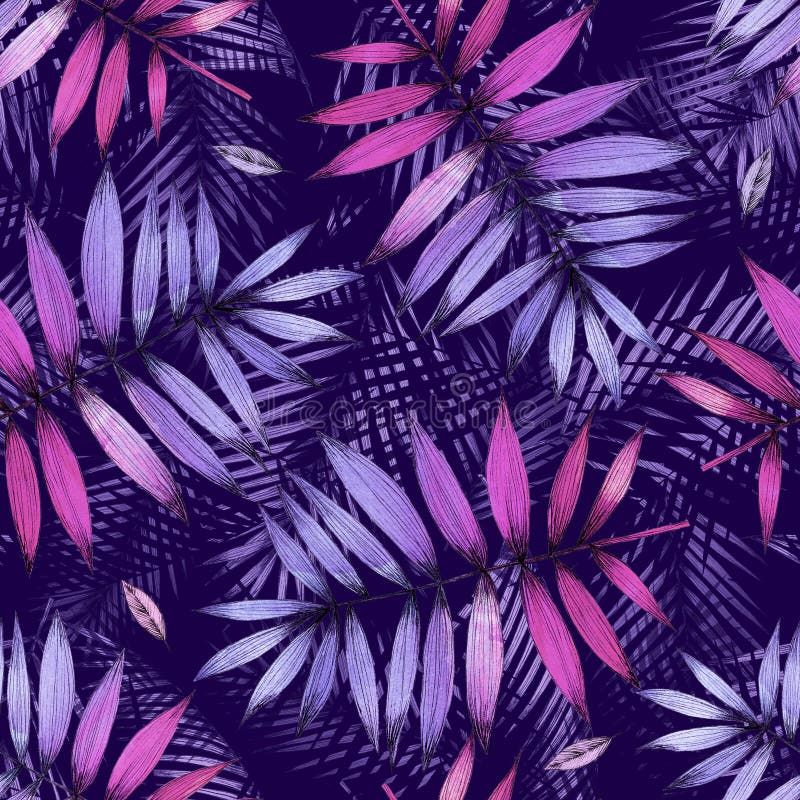 Seamless Pattern with Tropical Palm Leave on Purple Background. Design ...