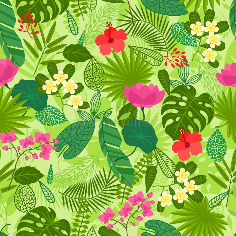 Seamless Pattern with Tropical Plants, Leaves and Stock Vector ...