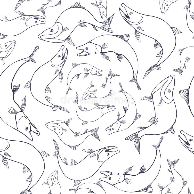 Seamless Pattern with Trout and Salmon Black Vector Silhouettes. Hand ...