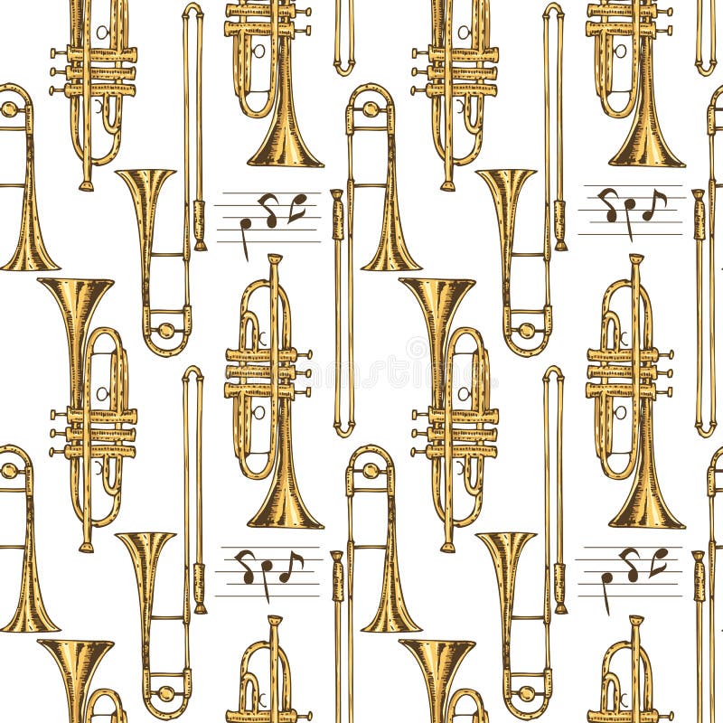 Seamless Pattern. Trumpets, Trombones and Notes Stock Illustration ...