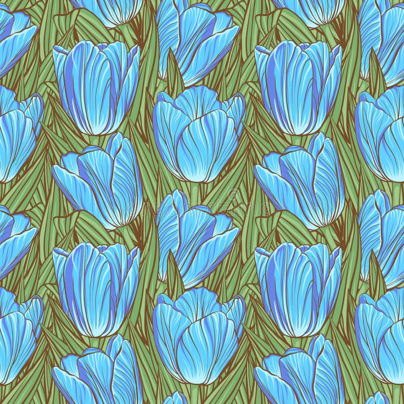 Seamless Pattern with Tulips on the Dark Blue Background Stock Vector ...