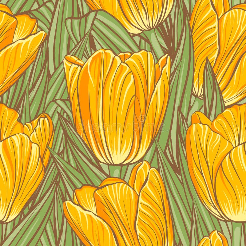 Yellow Tulip Seamless Pattern, Blue Background Stock Vector ...