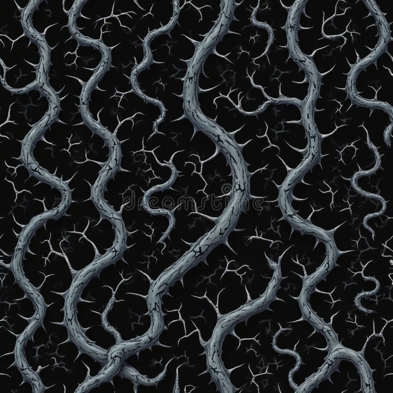 Seamless Pattern of Twisted Grey Vines with Thorns on Black Backdrop ...