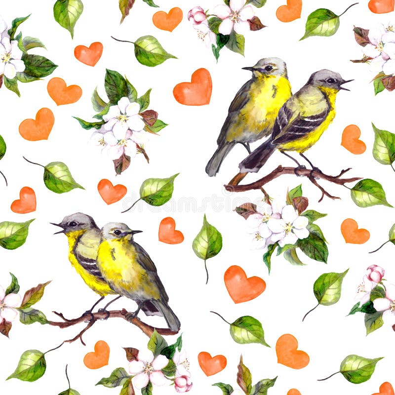 Seamless Pattern with Two Birds on Floral Branch, Hearts Stock ...
