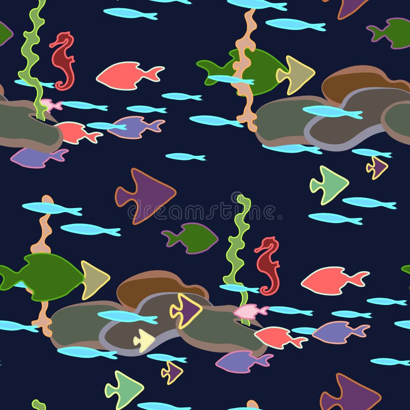 Seamless Pattern Under Water Colored Doodle Fish Stock Illustration ...