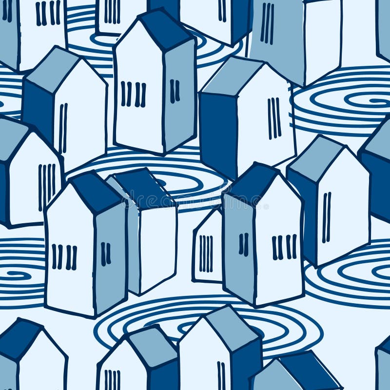 Seamless Pattern, Urban Landscape Theme in Blue Palette, for Surface ...