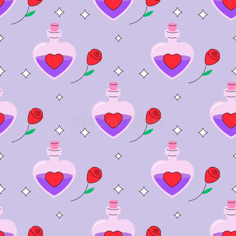 Seamless Pattern, Valentine S Day, Love Potion, Rose Stock Vector ...