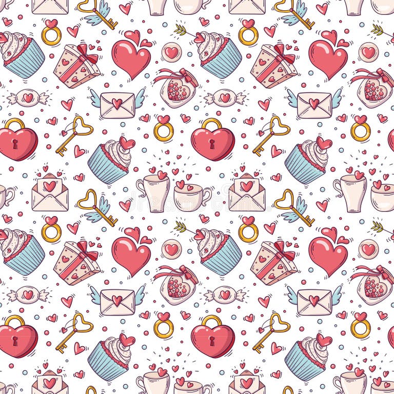 Seamless Pattern with Valentines Day and Love Objects in Doodle Style ...