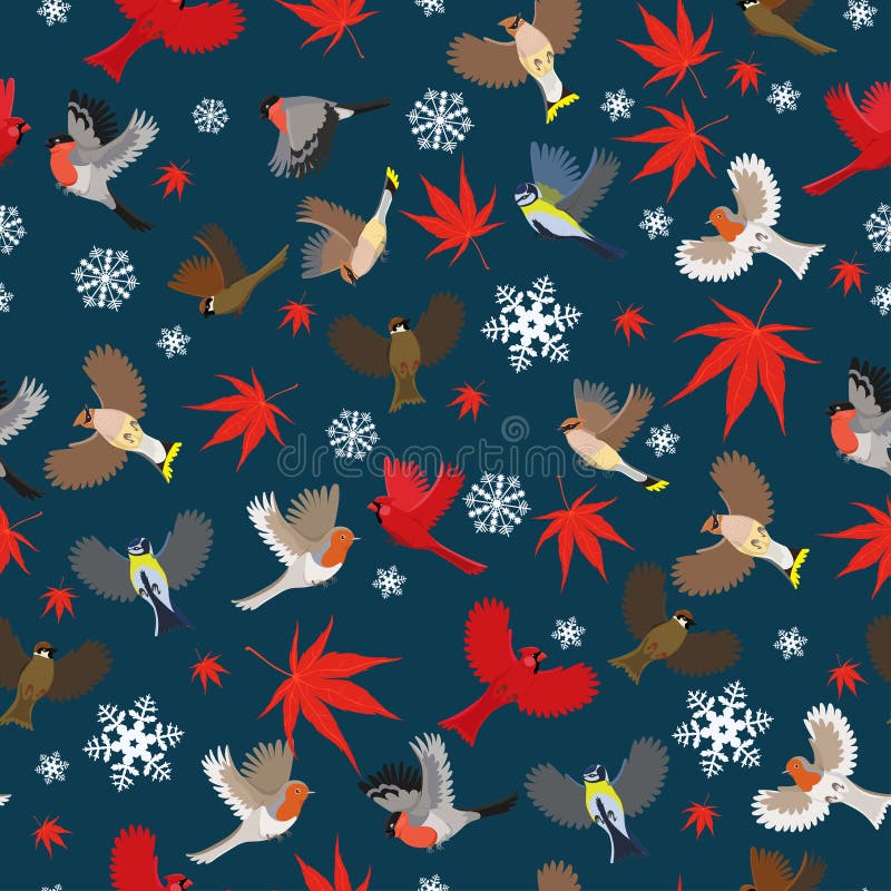 Seamless Pattern with Various Birds, Leaves and Snowflakes Stock ...