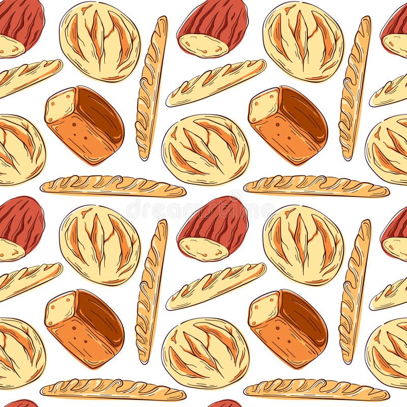 Seamless Pattern with Various Bread Types Like Loaves, Baguettes, and ...