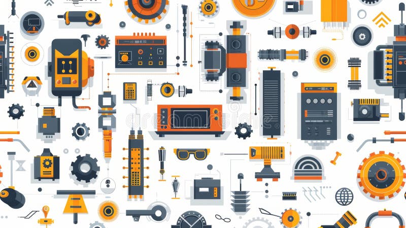 Seamless Pattern with Various Colorful Tech Gadgets and Gears on White ...