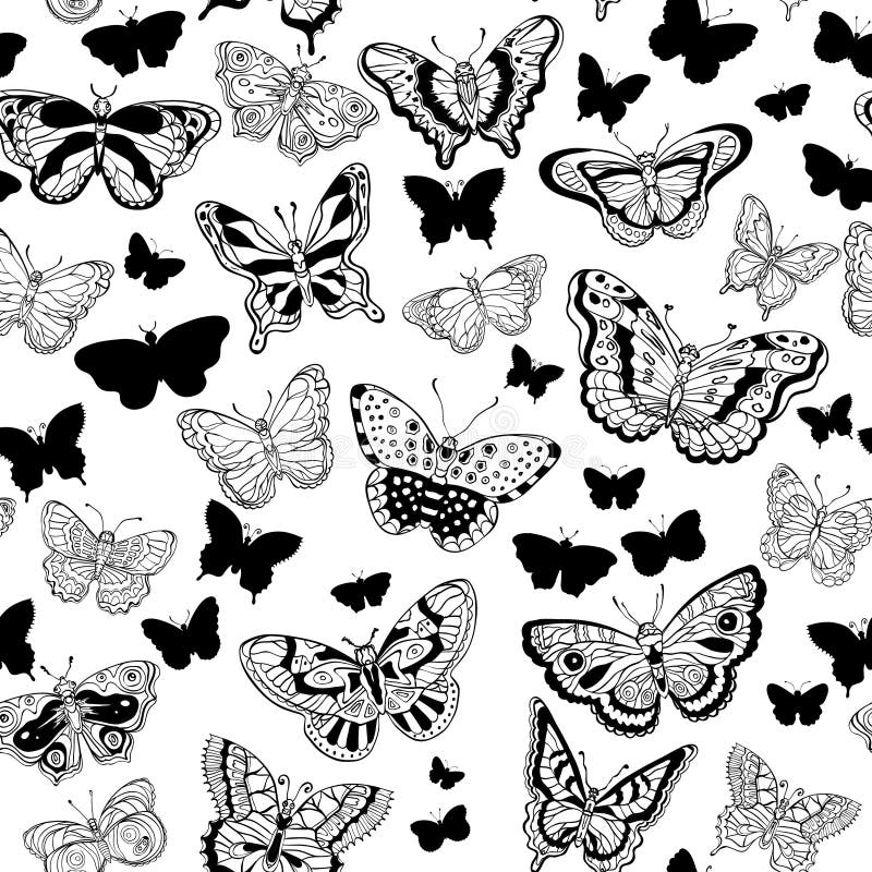 Seamless Pattern with Various Forms of Butterflies. Silhouettes Stock ...
