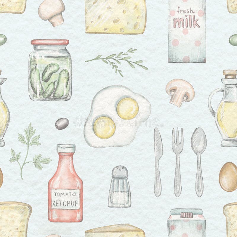 Seamless Pattern with Various Grocery Products Stock Illustration ...
