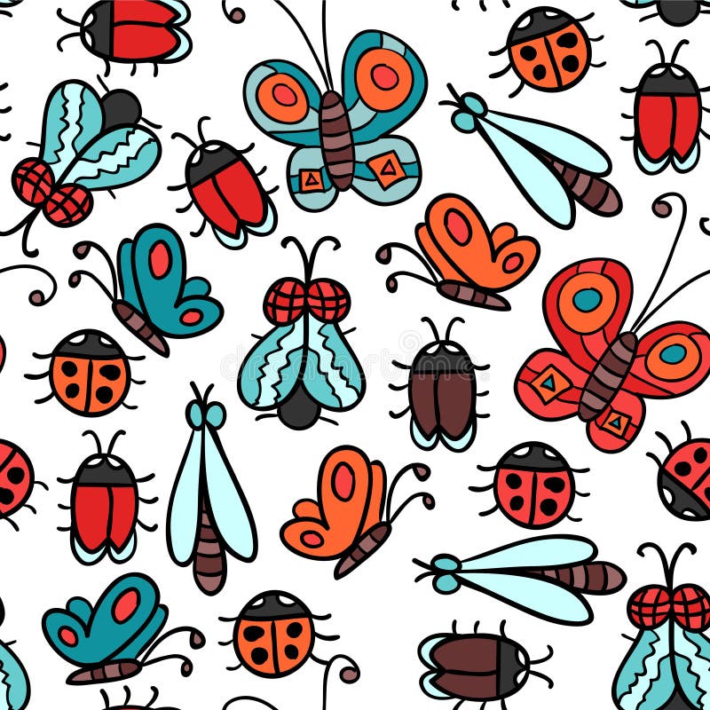 Seamless Pattern with Insects Stock Vector - Illustration of drawing ...