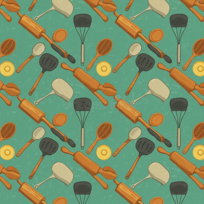 Seamless Pattern of Various Kitchen Utensils on a Teal Background ...