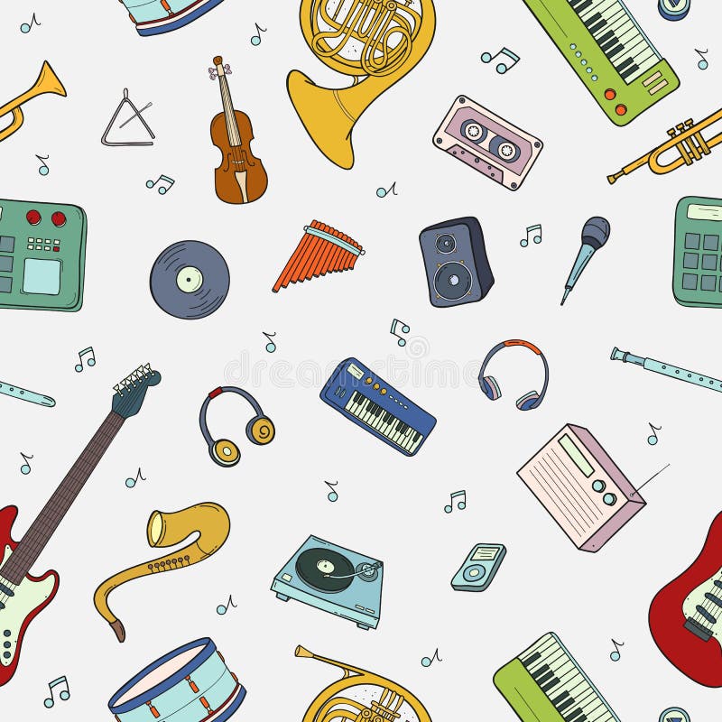 Seamless Pattern with Various Musical Instruments, Symbols, Objects and ...