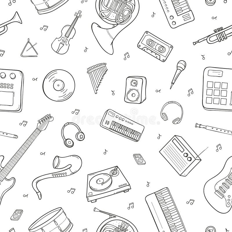 Seamless Pattern with Various Musical Instruments, Symbols, Objects and ...