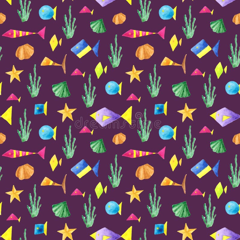 A Seamless Pattern of Various Sea Creatures Set Against a Purple ...