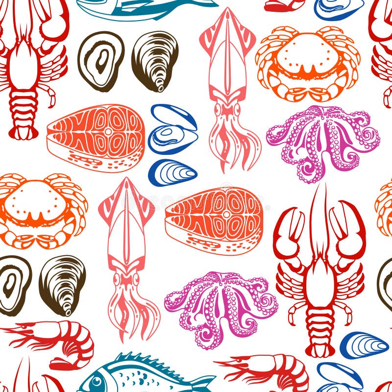 Seamless Pattern with Various Seafood. Illustration of Fish, Shellfish ...